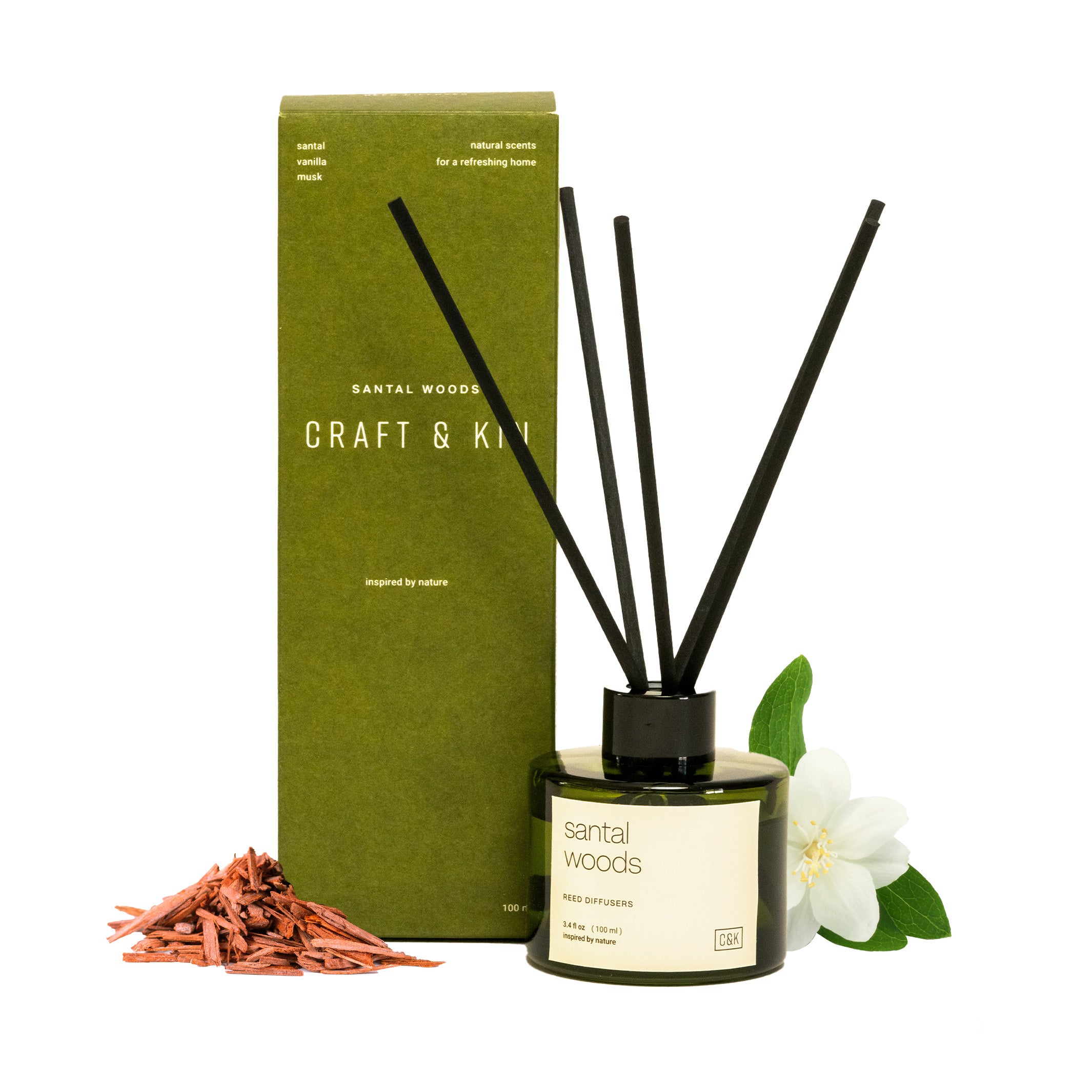 Santal Woods Green Glass Reed Diffuser | Craft & Kin